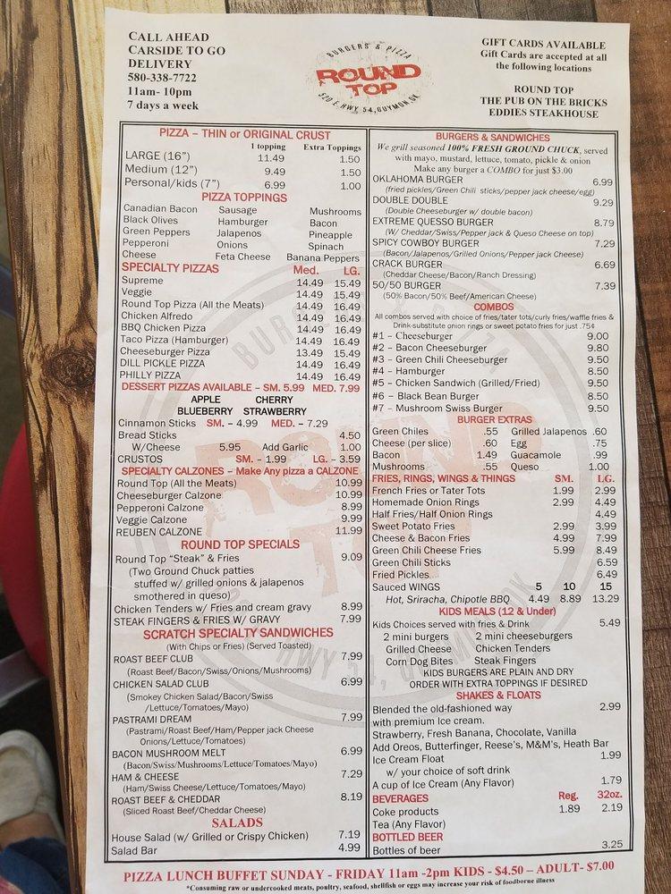 Menu at Round Top Burgers & Pizza pizzeria, Guymon