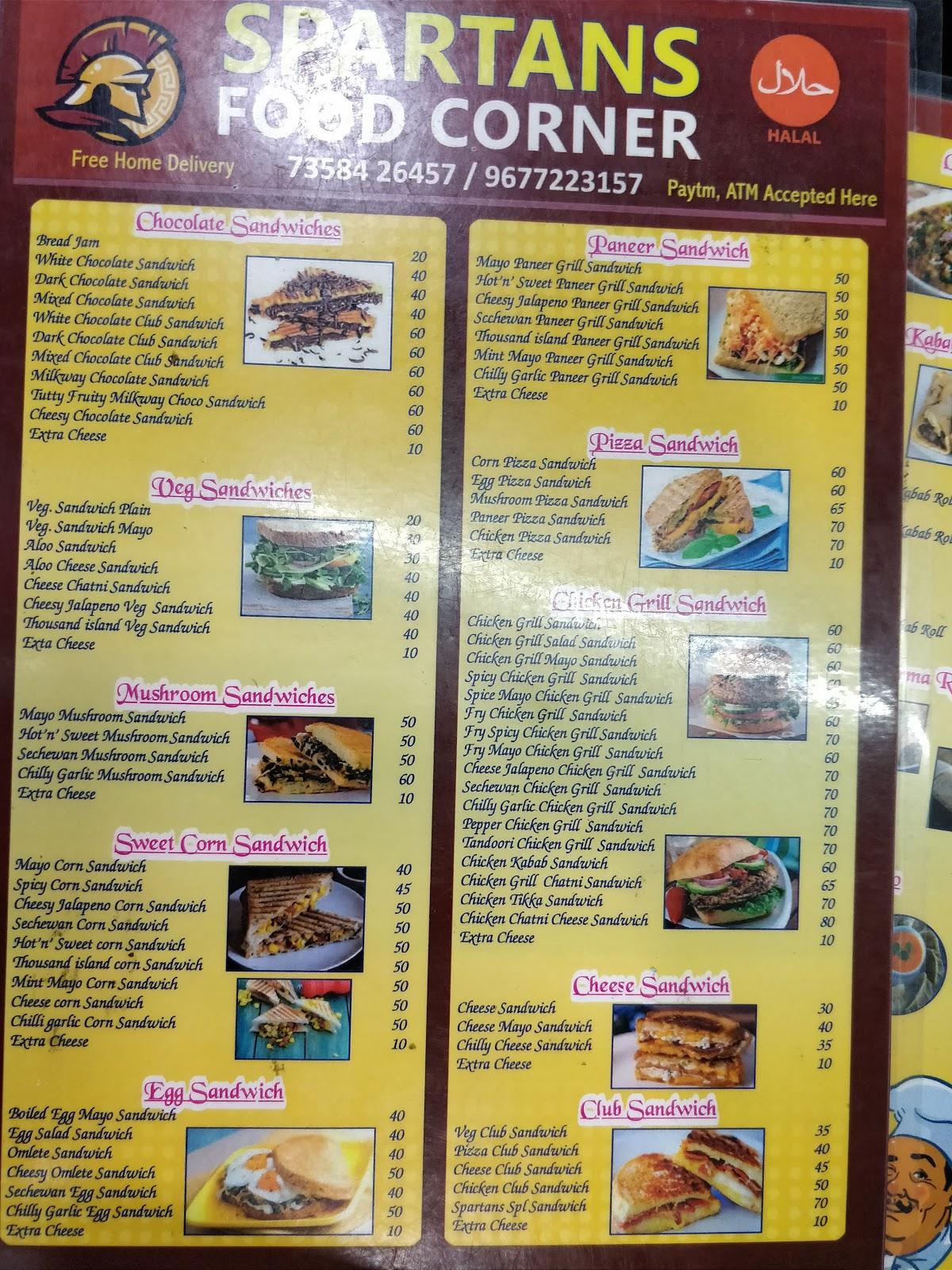 Menu at Spartans Food corner, Kattankulathur