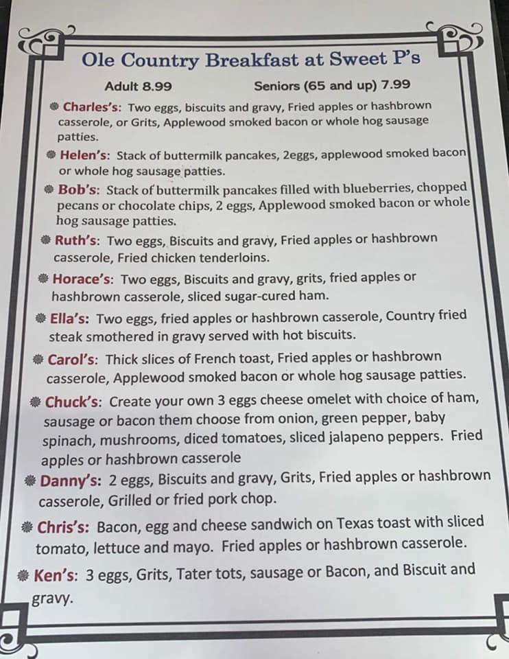 Menu at Sweet P's Southern Style restaurant, Clarksville