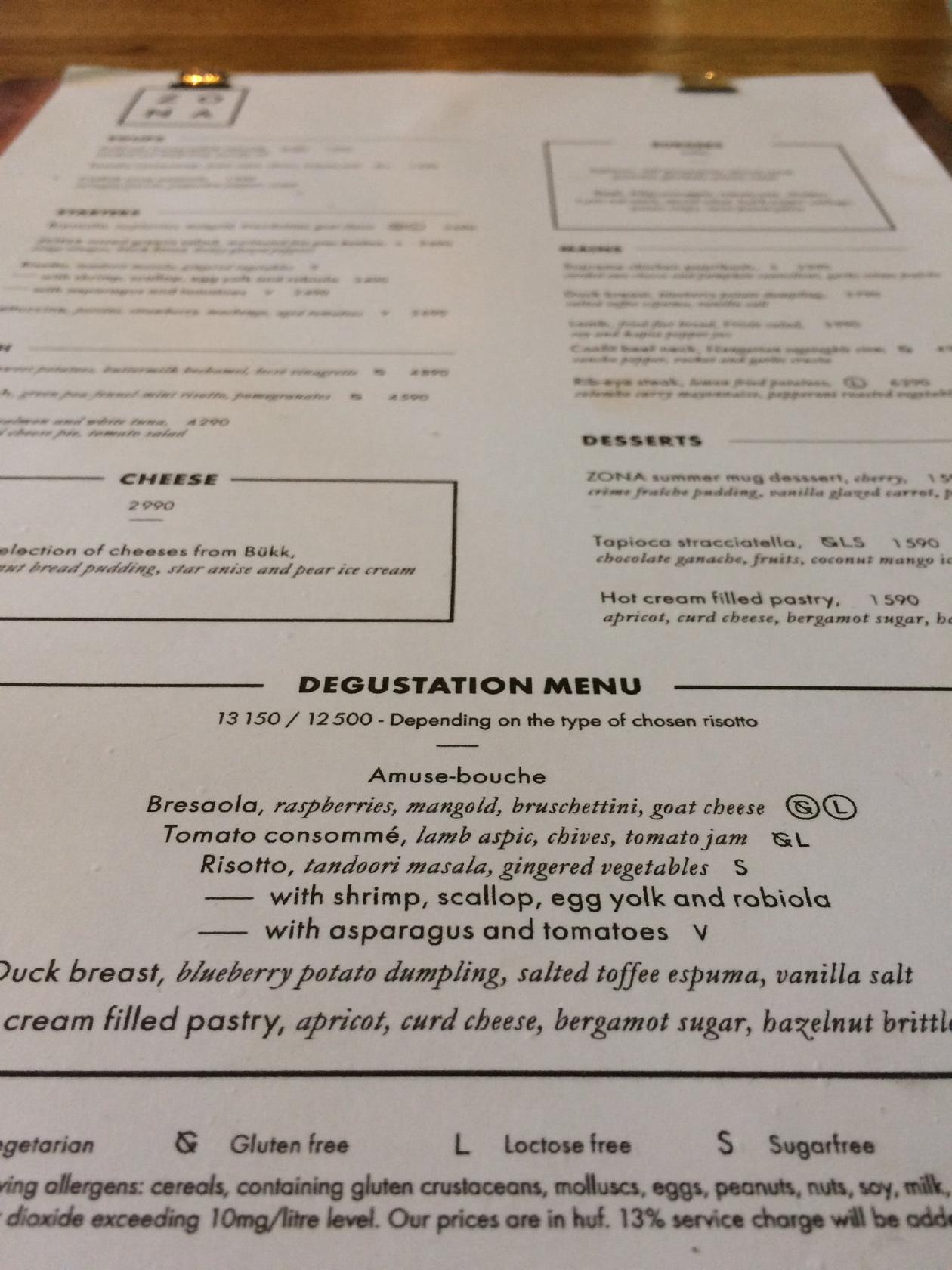 Menu at ZONA restaurant, Budapest