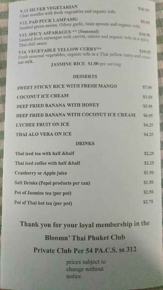Menu at Bloom'n Thai desserts, Bloomsburg