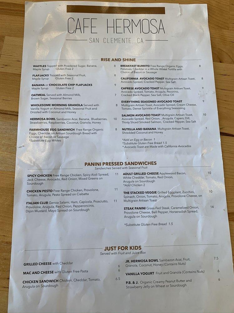 Menu at Cafe Hermosa, San Clemente, 979 Avenida Pico