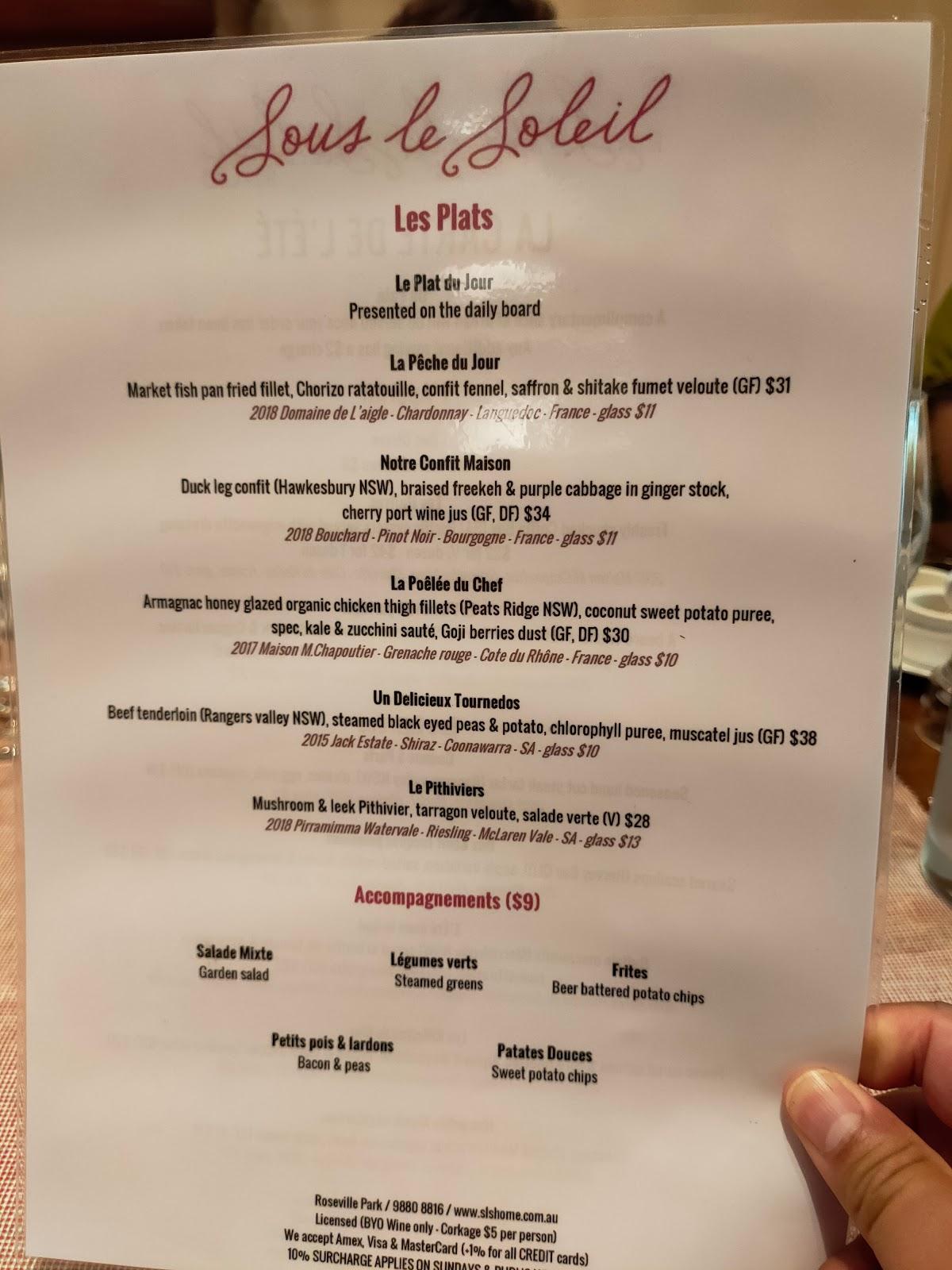 Menu at Sous Le Soleil restaurant, Roseville