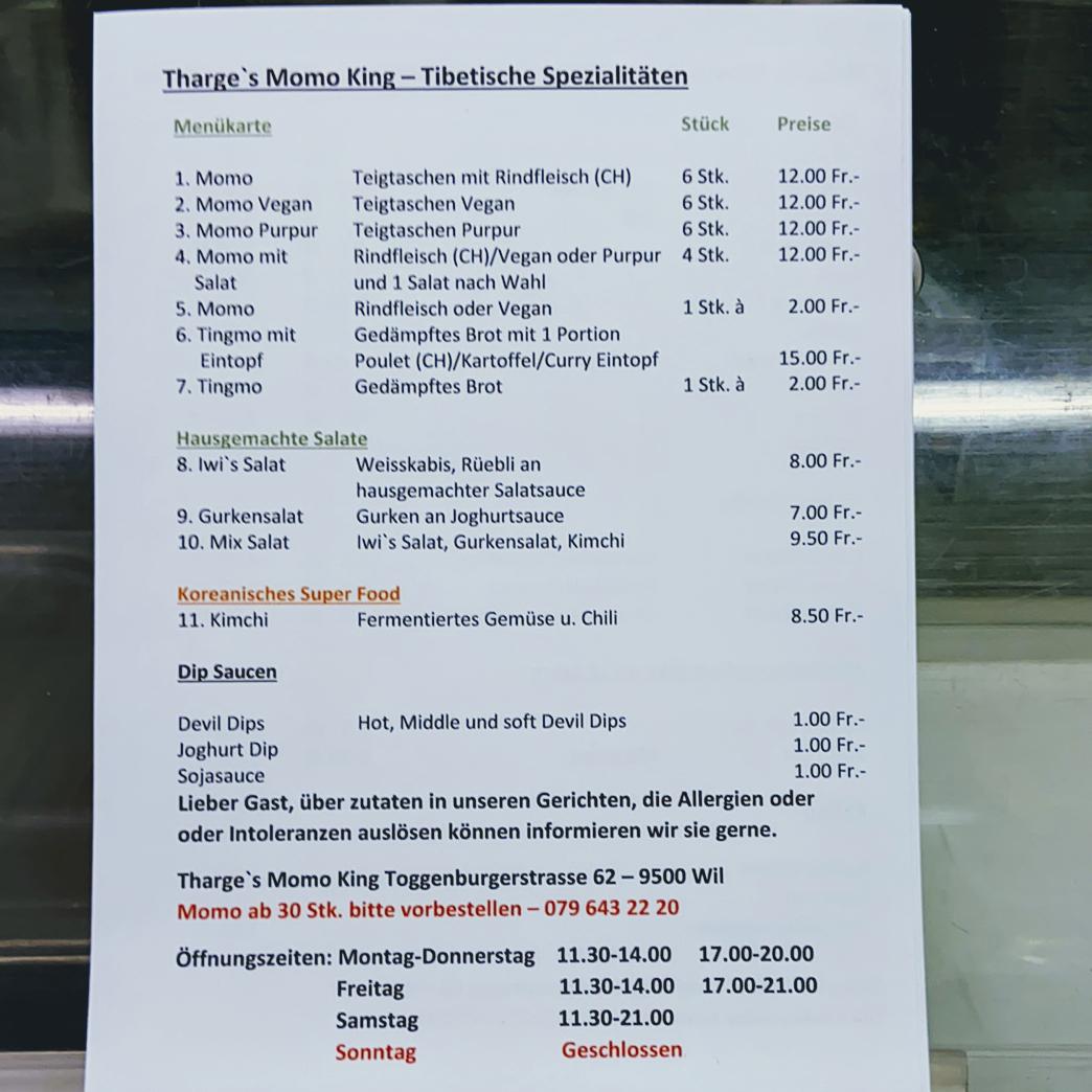 Menu at Tharge's Momo King, Wil