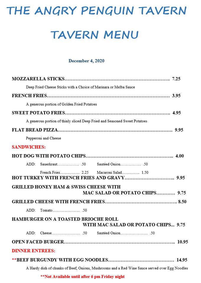 Menu at The Angry Penguin Tavern pub & bar, Waterford