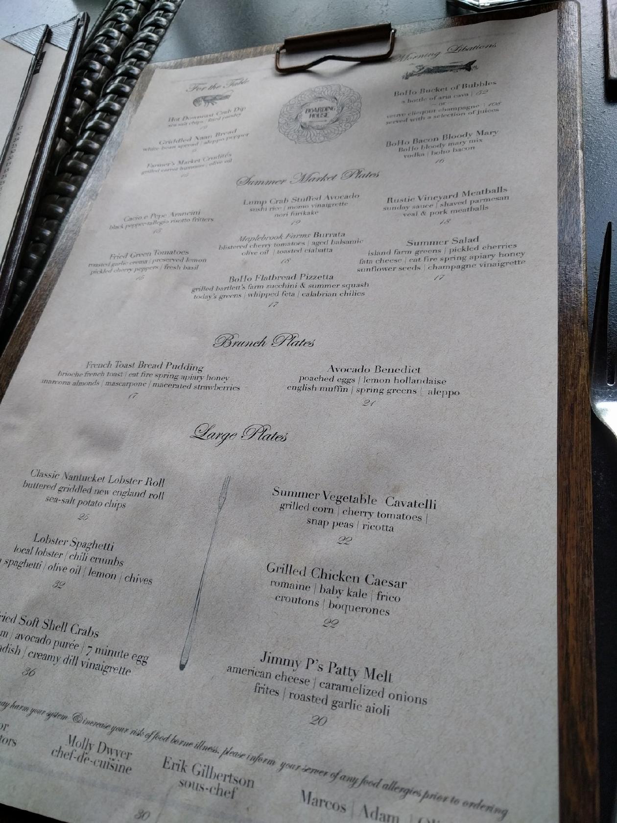 Menu at The Boarding House restaurant, Nantucket