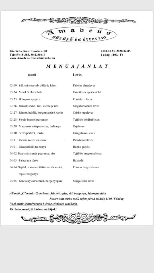 Menu at Amadeus Étterem restaurant, Kisvárda