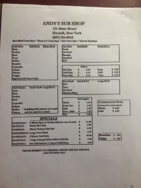 Menu at Andy's Sub Shop restaurant, Hornell
