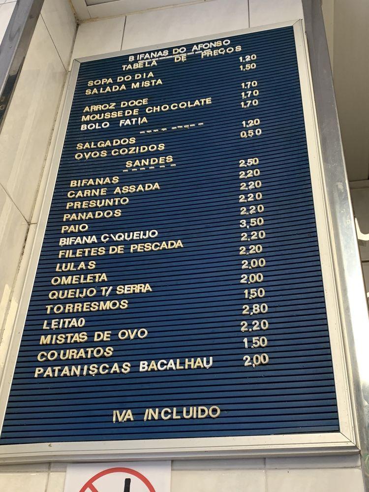 Menu at The Bifanas of Afonso fast food, Lisbon