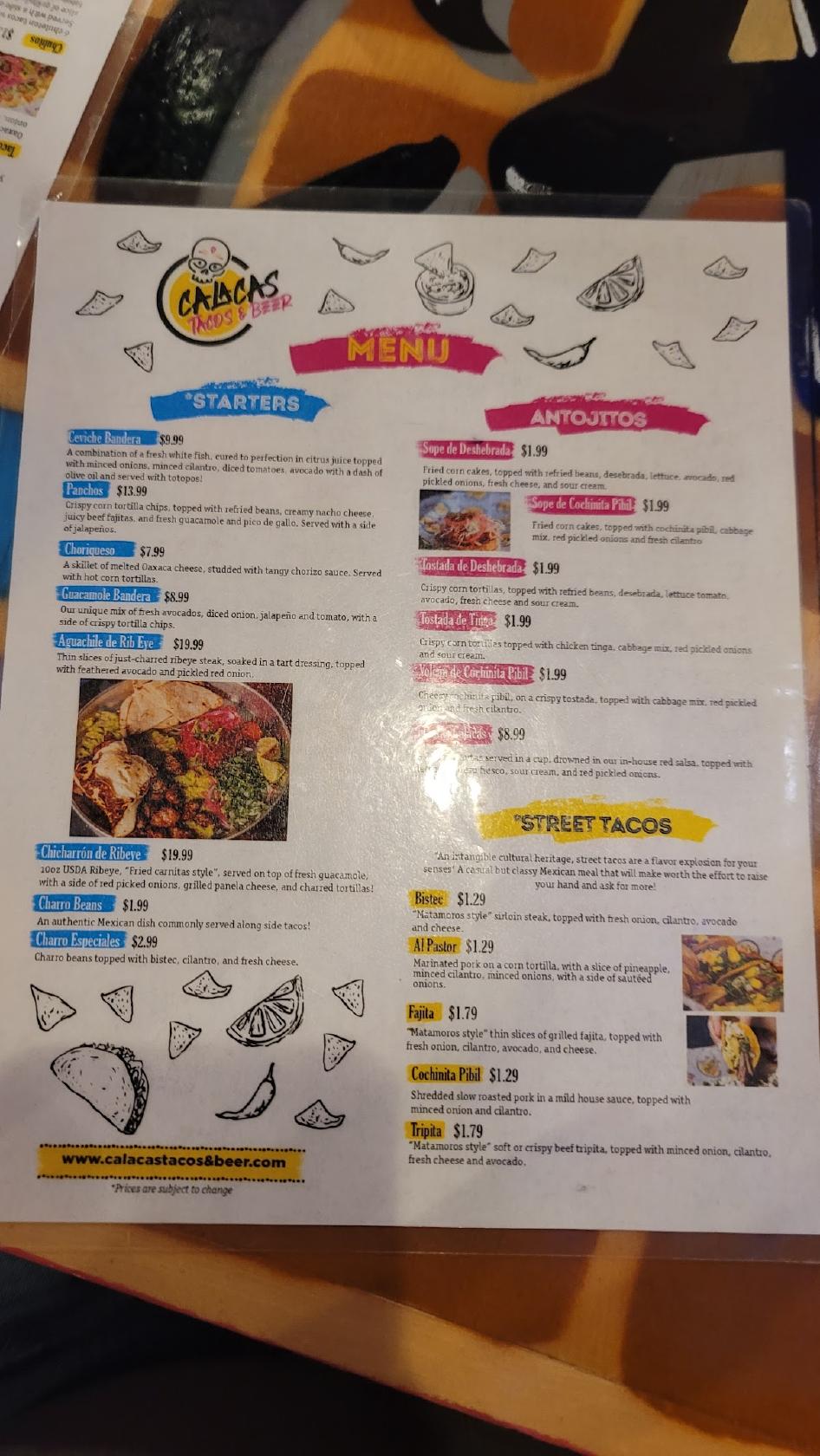 Menu at Calacas Tacos & Beer - Harlingen pub & bar, Harlingen