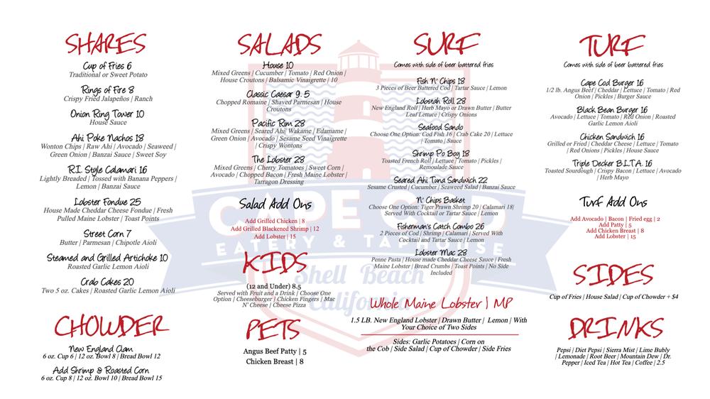 Menu at OLD SLO at The Cape (formerly Cape Cod) restaurant, Pismo Beach