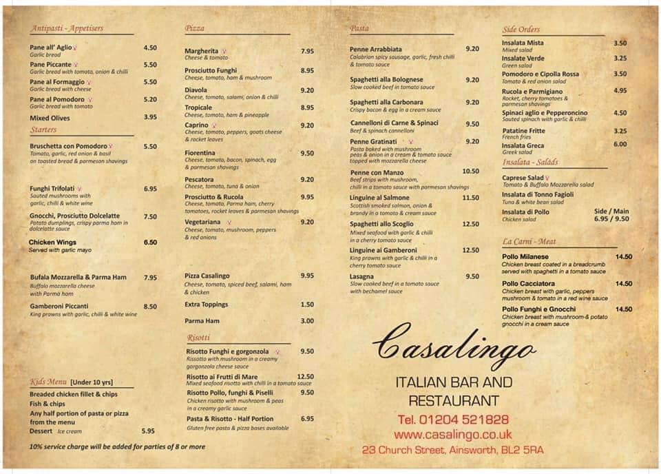 Menu at Casalingo Restaurant, Bolton
