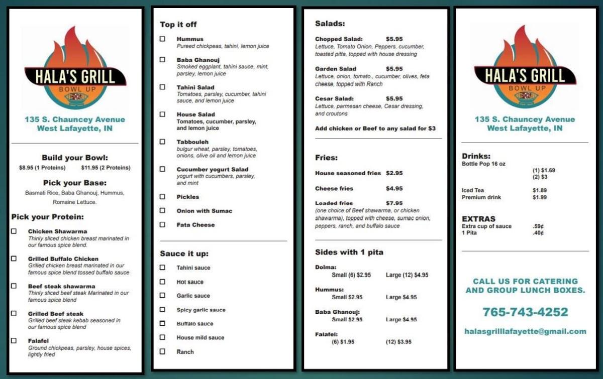 Menu at Hala's Grill restaurant, West Lafayette