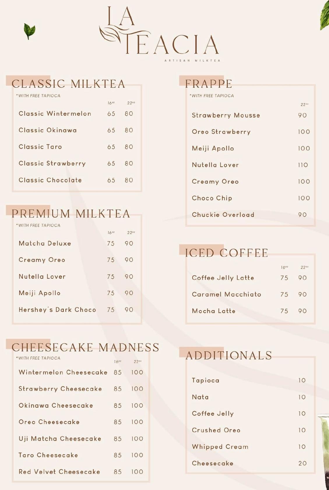 Carta del café La Teacia Artisan Milktea, Cainta