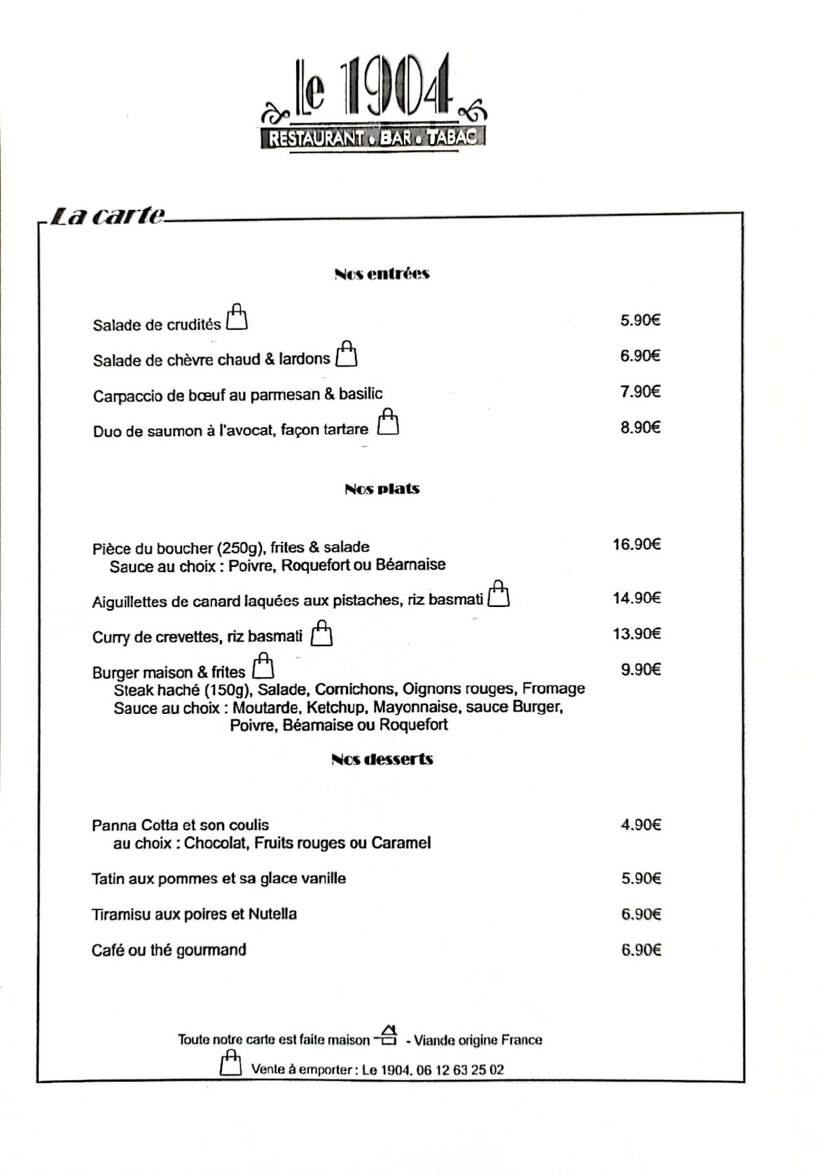 Menu au Le 1904 pub et bar, Taponnat-Fleurignac