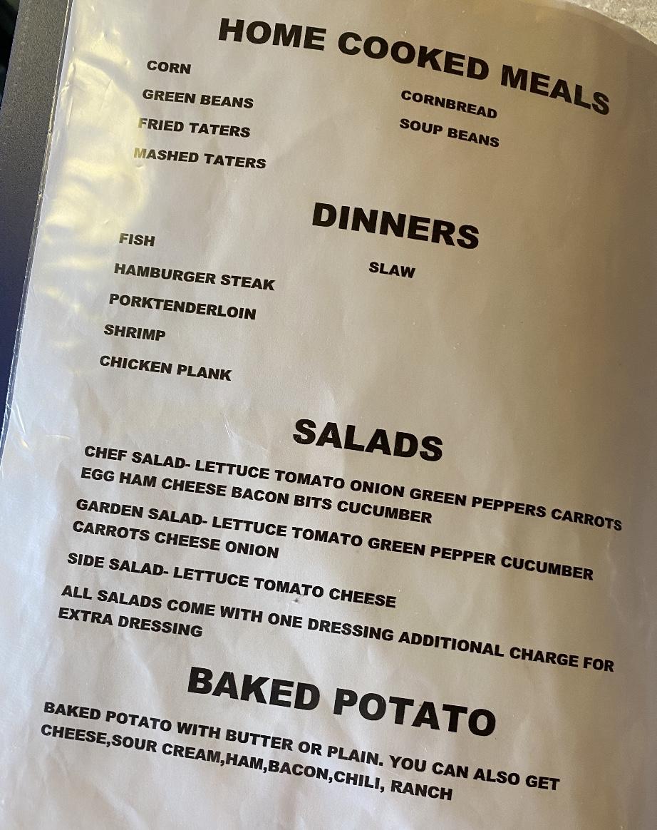 Menu at Mustang II restaurant, Pikeville