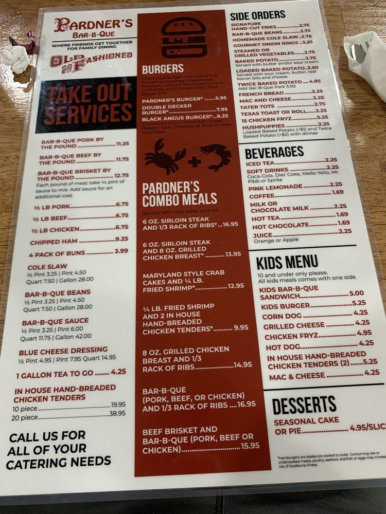 Menu at Pardner's Bar-B-Que, Piney Flats, Hwy 11 E