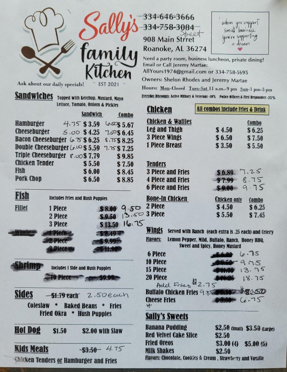 Menu at Sally's Family Kitchen restaurant, Roanoke