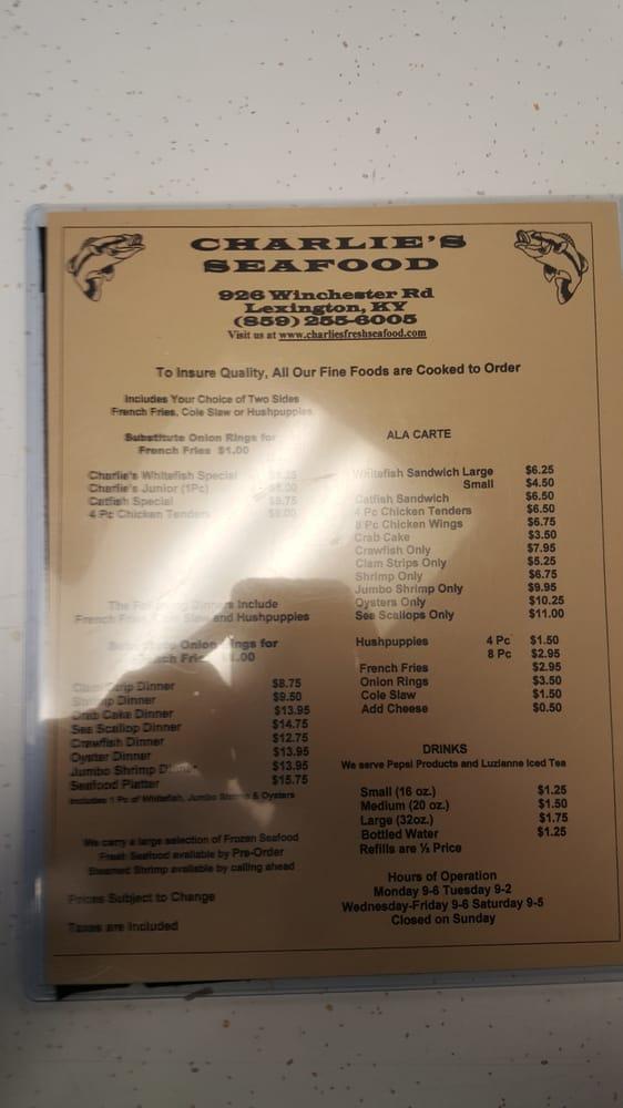 Menu at Charlie's Fresh Seafood restaurant, Lexington