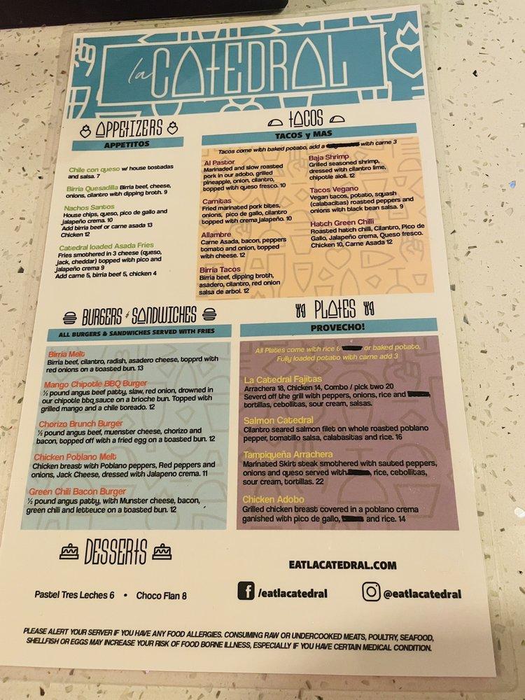 Menu at La Catedral restaurant, El Paso, Montwood Dr