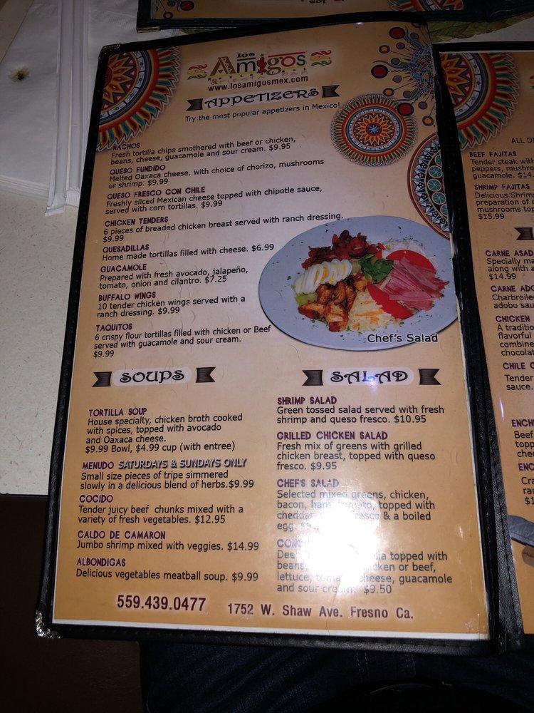 Menu at Los Amigos restaurant, Fresno, W Shaw Ave
