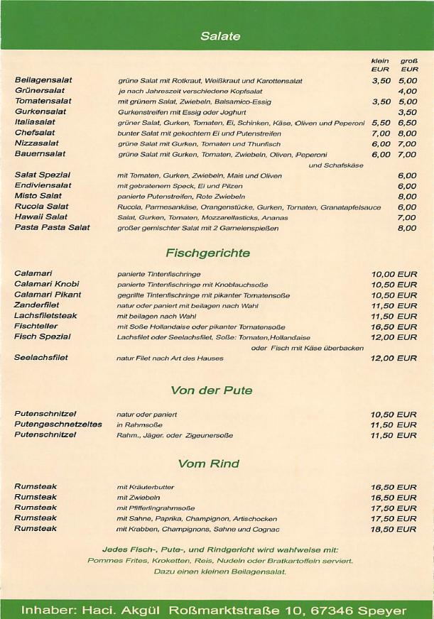 Speisekarte von Pasta Pasta restaurant, Speyer, Brunckstraße 8