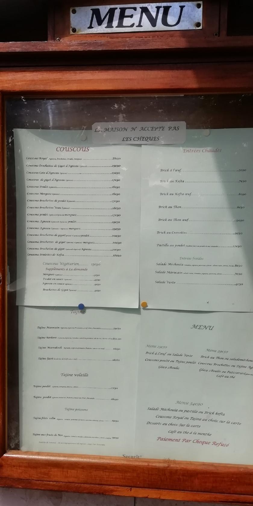 Menu at Restaurant Le Maroc, Orléans, 23 Av. de Paris