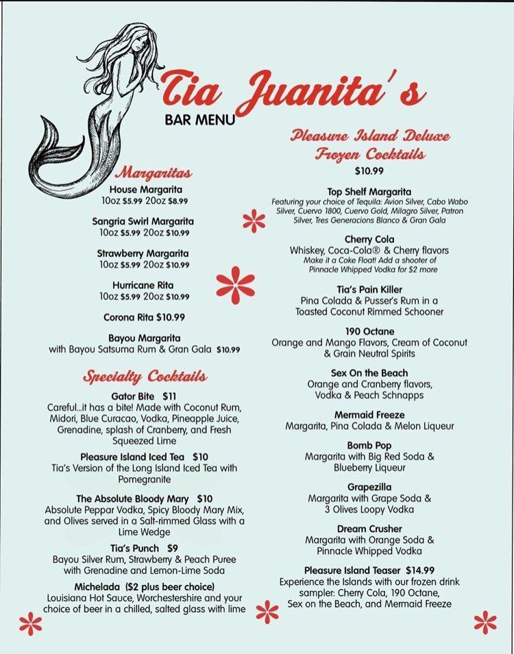 Menu at Tia Juanita’s Fish Camp restaurant, Orange