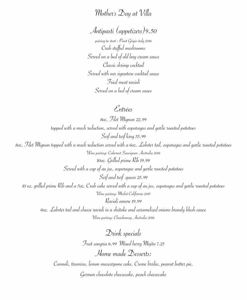Menu at Villa Schiano restaurant, Elizabethville