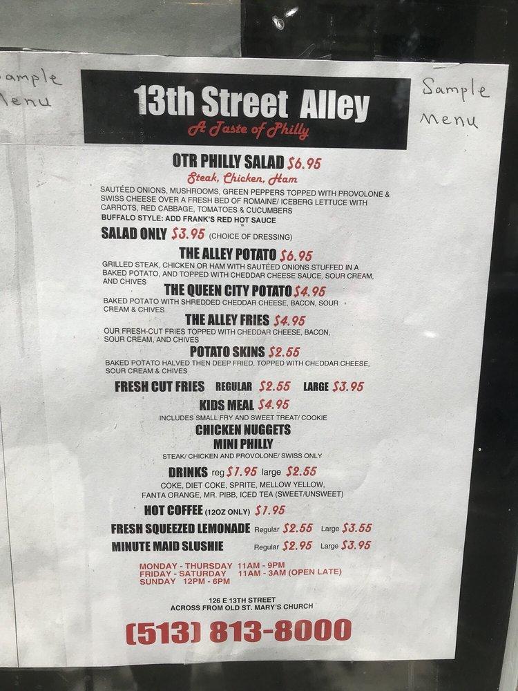 Menu at 13th Street Alley restaurant, Cincinnati