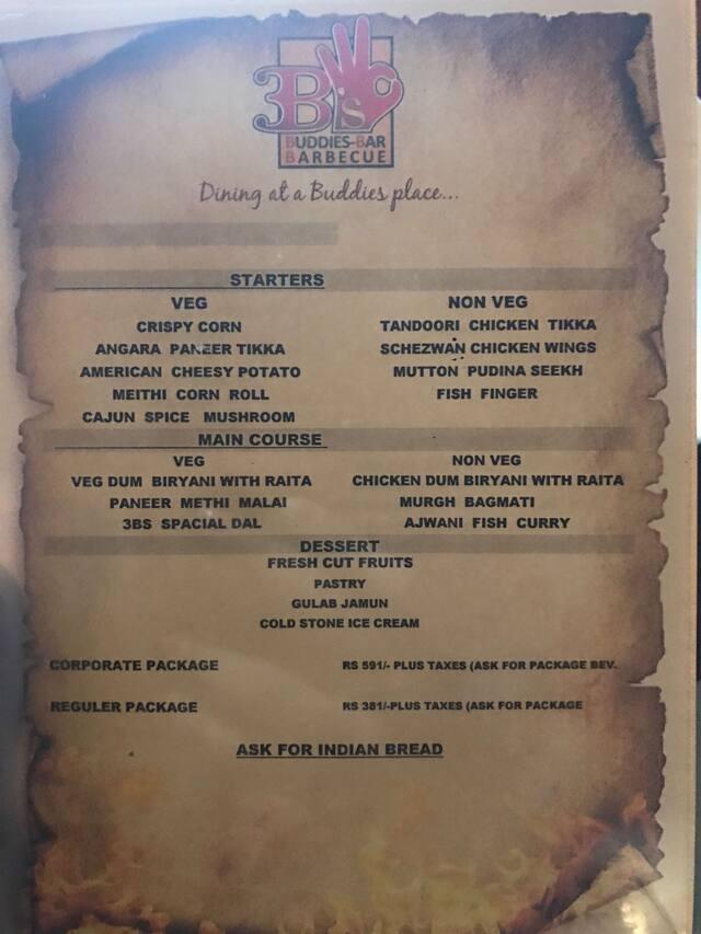 Menu at 3B's - Buddies, Bar & Barbecue, Hyderabad, Plot 483