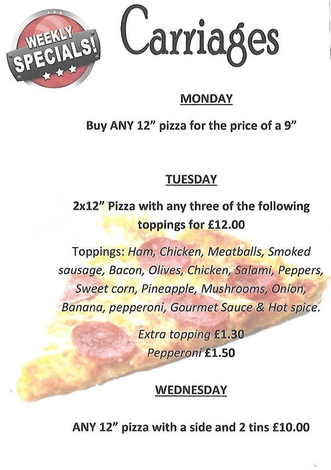 Menu at Carriages Bistro restaurant, Larne, 105 Main St