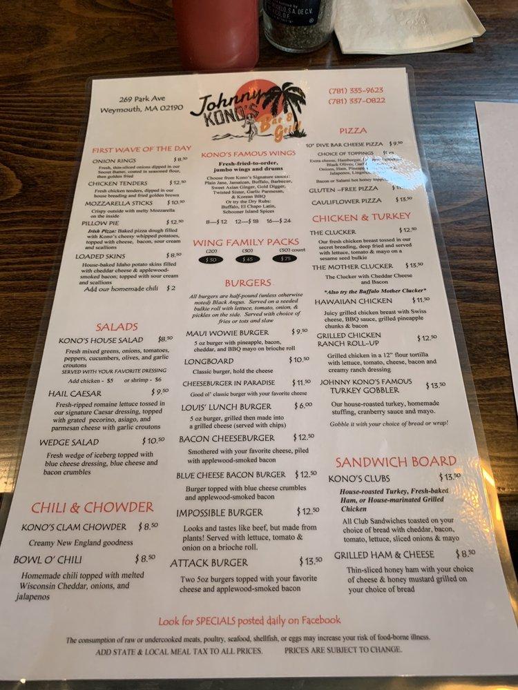 Menu at Johnny Kono's Bar & Grill, Weymouth