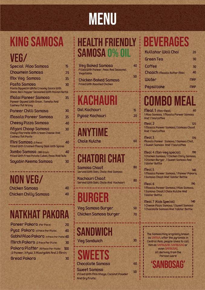 Menu at Samosa King, India