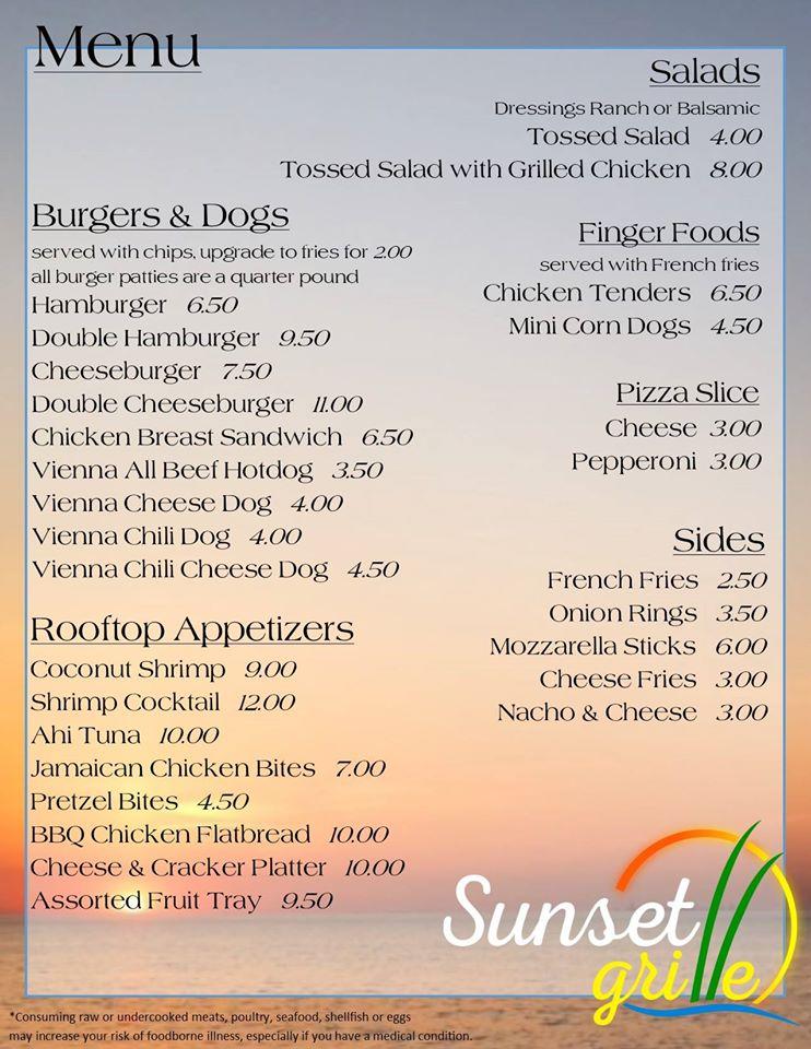 Menu at Sunset Grille Rooftop Cantina & Beach Concession pub & bar ...
