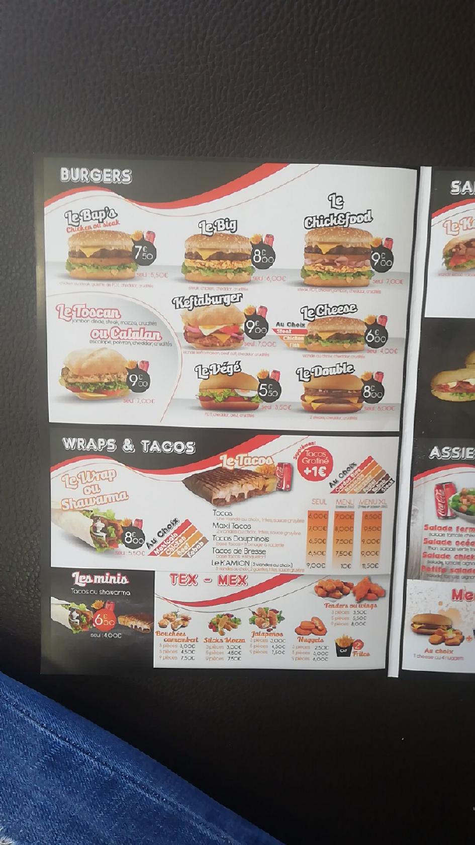Menu at chick food restaurant, Saint-Ismier