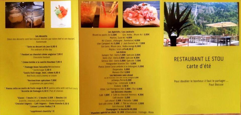 Menu at Le Stou restaurant, Vaujany, Rte des Combes