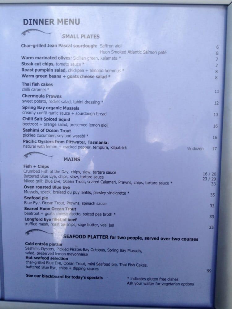 Menu at Blue Eye Seafood Restaurant, Hobart