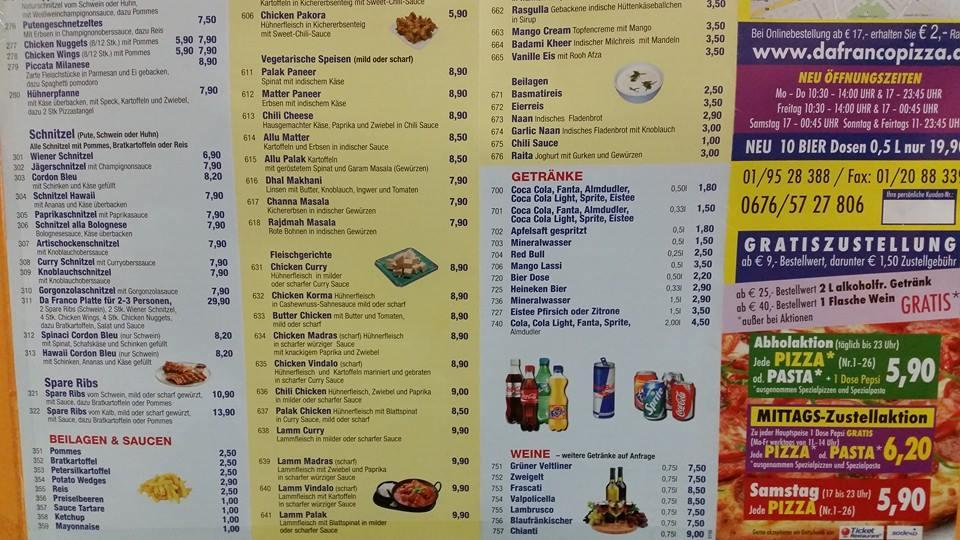 Menu at Da Franco pizzeria, Vienna, Preßgasse 30