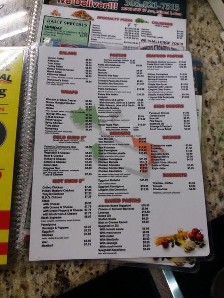 Menu at Domenico's Italian Restaurant, Miami Lakes