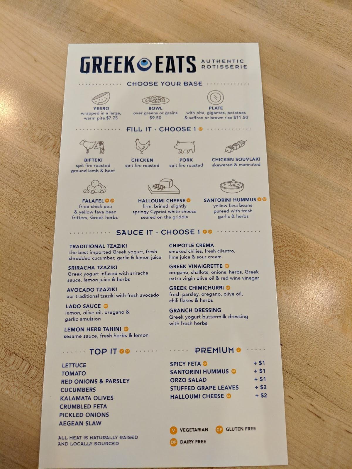 Menu at Greek Eats Authentic Rotisserie restaurant, Brick
