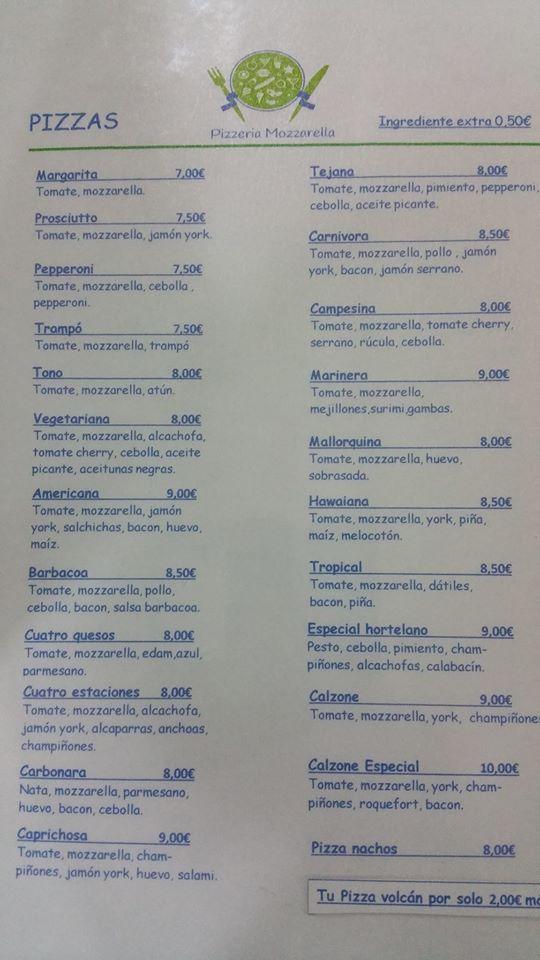 Menu at Pizzeria Mozzarella, Son Ferriol