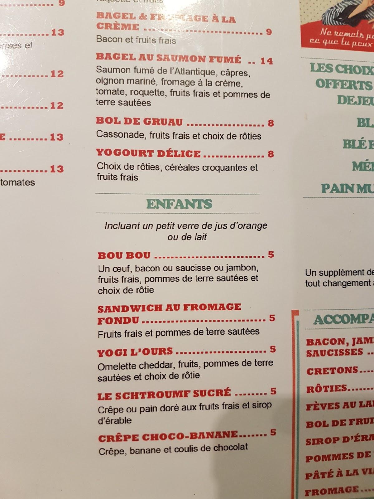 Menu au Resto Pub Délice (Le), Québec