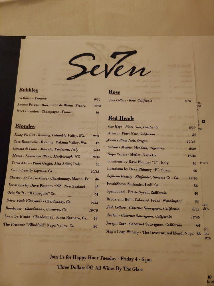 Menu at Seven Restaurant, Clayton