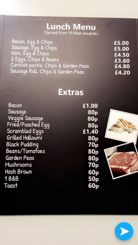 Menu at The Pit Stop Cafe, Birmingham