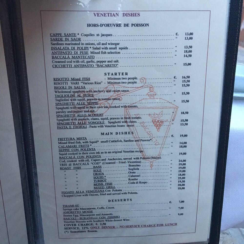 Menu at Osteria Al Bacareto pub & bar, Venice