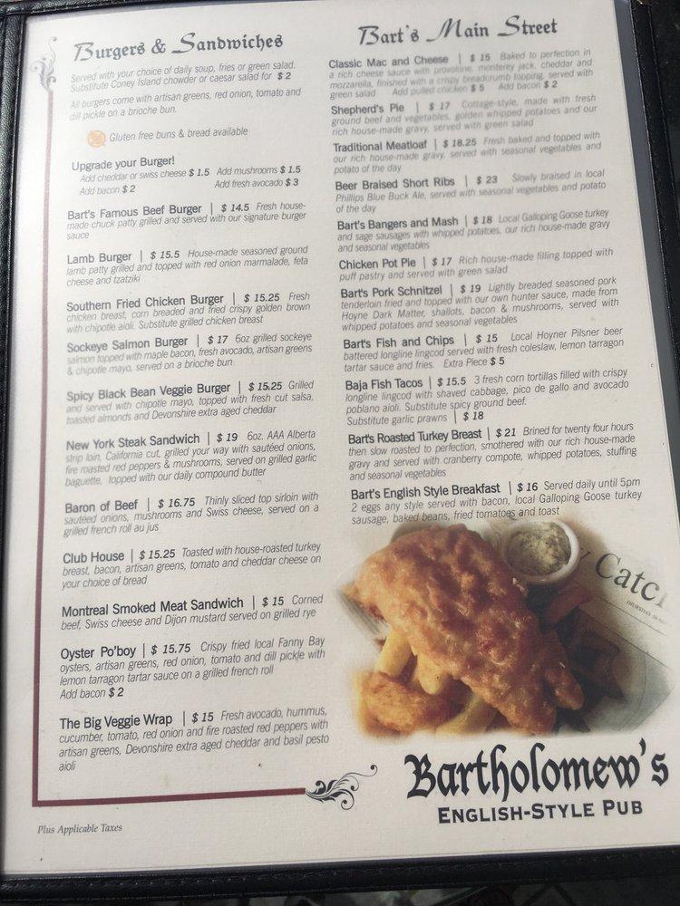 Menu at Bartholomew's Public House, Victoria