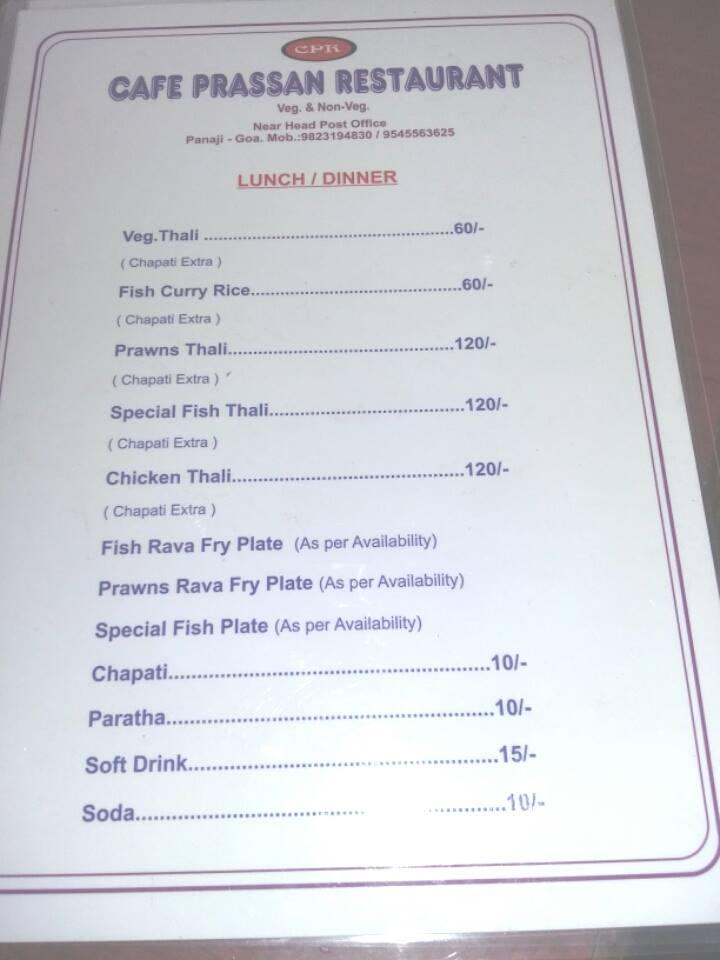 Menu at CPR., Panaji