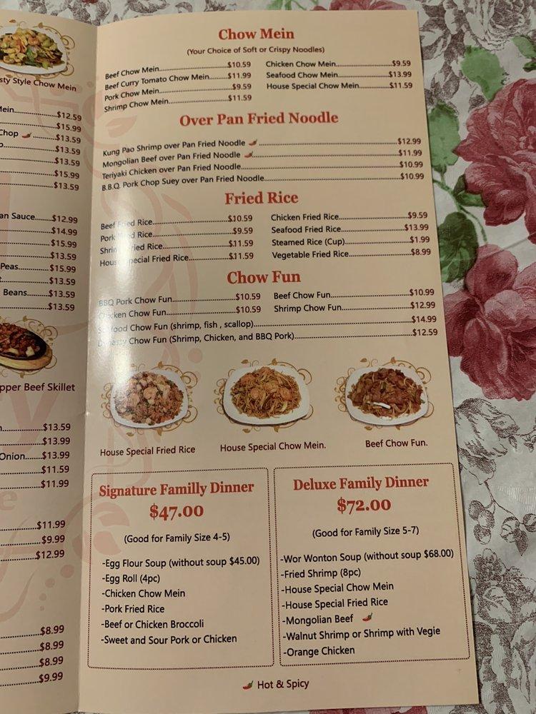 Menu at Dynasty Chinese Cuisine restaurant, Hanford
