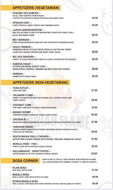 Menu at Indian Flame restaurant, Wynantskill